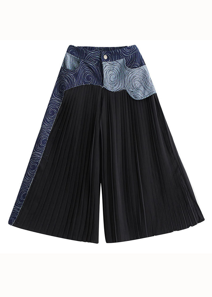 Bohemian Blue Pocket Wrinkle Denim Patchwork Wide Leg Cotton Pants Ski ...