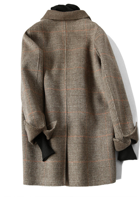 Spring Vintage Chocolate Peter Pan Collar Check Wool Coat – Linadiva